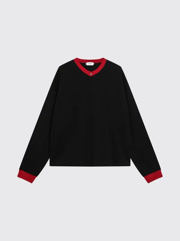 Versace Long-sleeved V-neck Cotton T-shirt With Contrast Trims