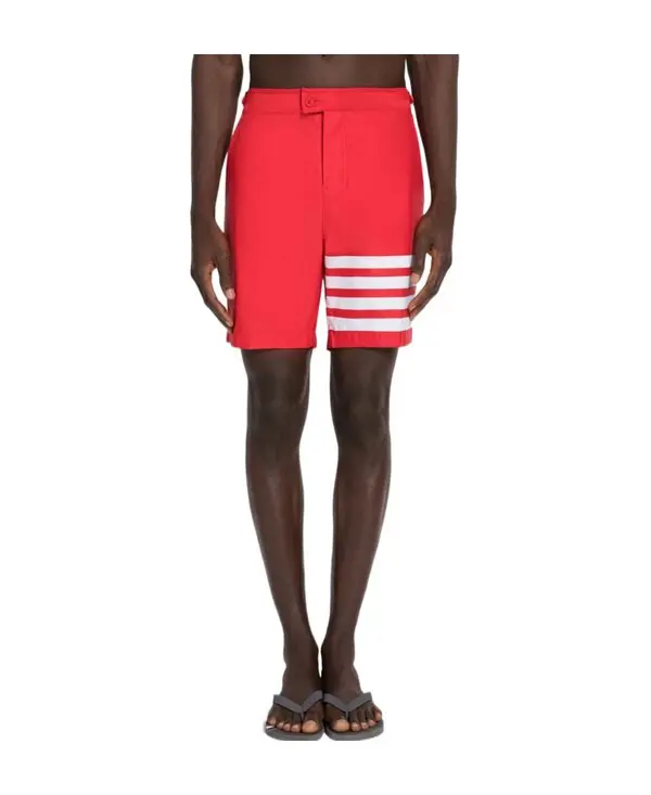 Thom Browne Button Front Board Short W/ Adjustable Elastic Back 4bar In Swim Tech - Red