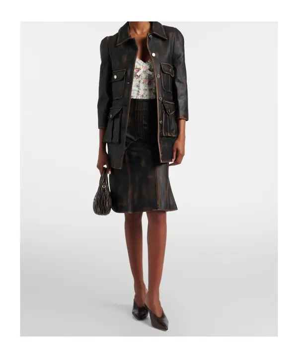 SHUSHU/TONG Distressed Leather A-line Midi Skirt