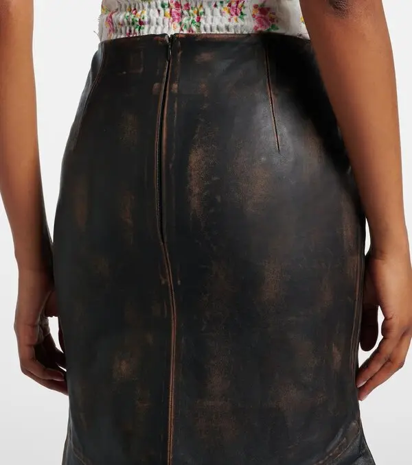 SHUSHU/TONG Distressed Leather A-line Midi Skirt