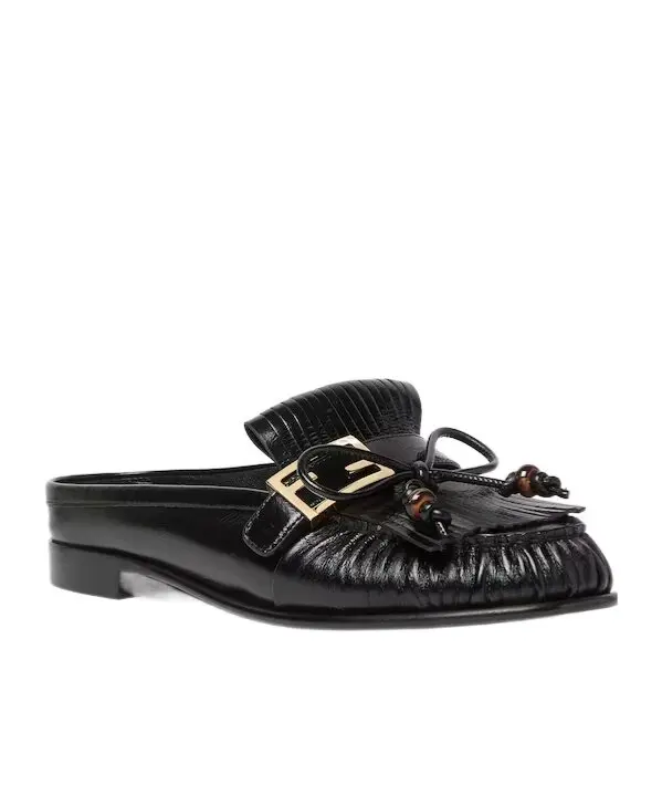 Fendi O'lock Fringed Mules - Black