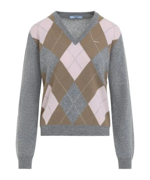 Prada V-neck Long-sleeved Knit Top - Gray