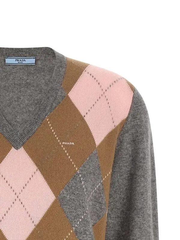 Prada Argyle Cashmere V-neck Sweater - No