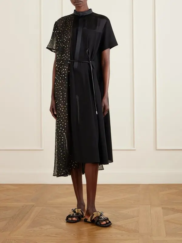 Sacai Belted Polka-dot Chiffon And Satin Midi Dress