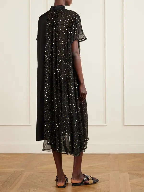 Sacai Belted Polka-dot Chiffon And Satin Midi Dress