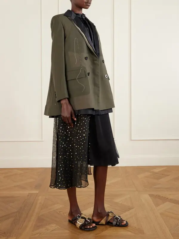 Sacai Belted Polka-dot Chiffon And Satin Midi Dress