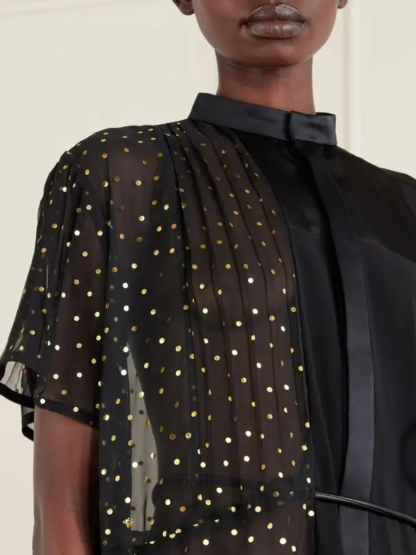 Sacai Belted Polka-dot Chiffon And Satin Midi Dress