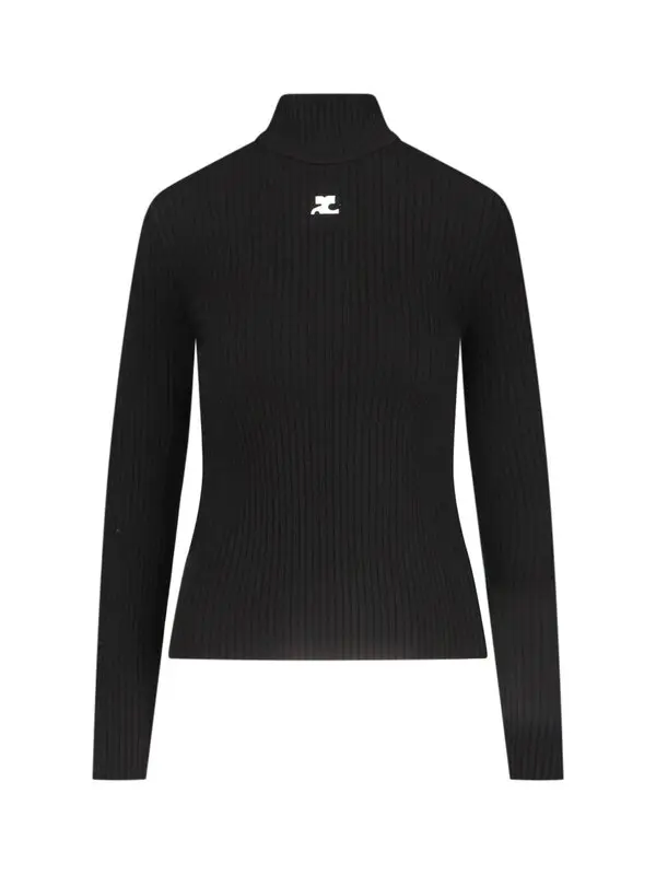 COURREGES Ribbed Knit Turtleneck Sweater With Logo Detail - Black