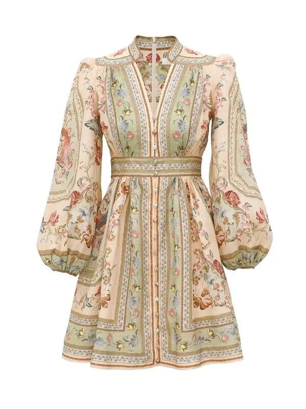 Zimmermann Mini V-neck Dress With Stand Collar And Stone Buttons - Multicolor