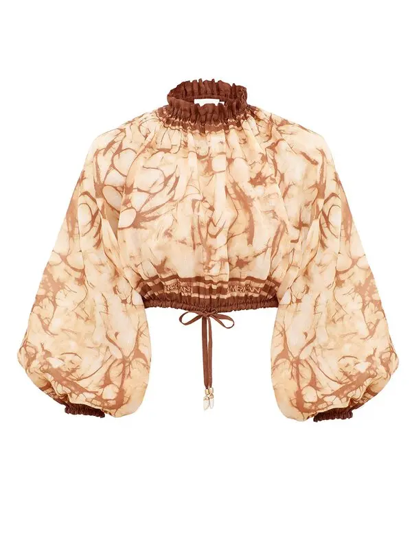 Zimmermann Billow Sleeve Printed Ramie Top - Beige
