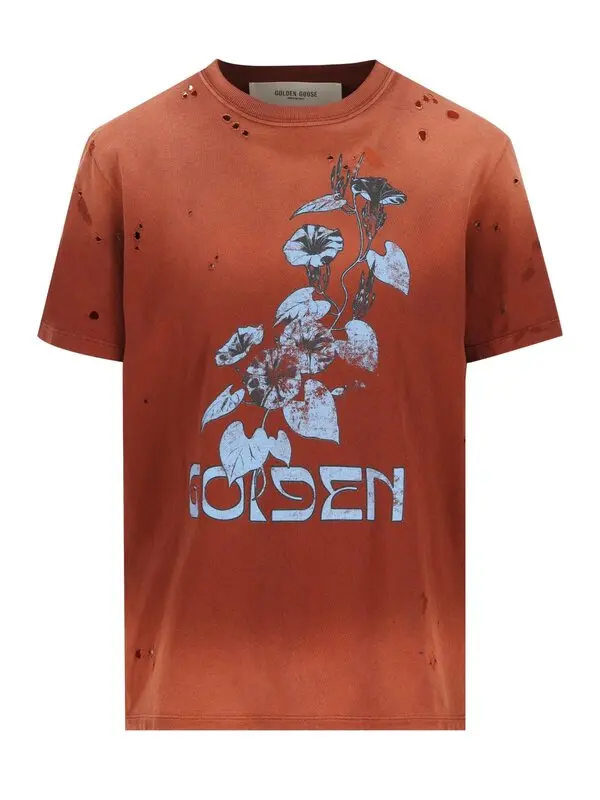 GOLDEN GOOSE Distressed Cotton T-shirt With Floral Print - Red