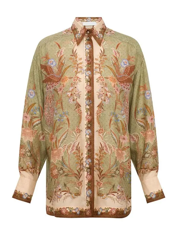 Zimmermann Printed Silk Habotai Long Sleeve Shirt - Verde