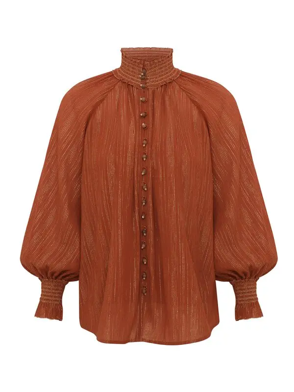 Zimmermann Gathered High Neck Blouse - Marrone
