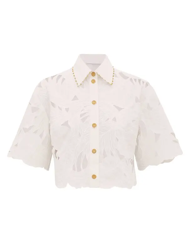 Zimmermann Tailored Fit Button-up Shirt With Geometric Cut-outs - Bianco