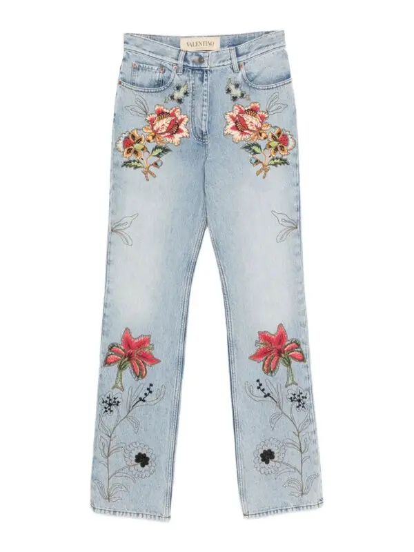 Valentino Garavani Floral Embroidered Straight Leg Jeans - Denim Blue