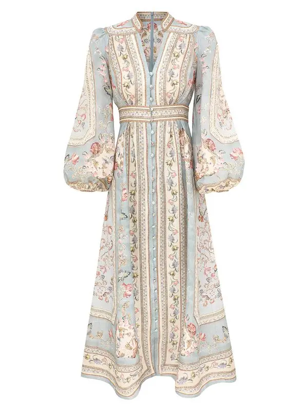 Zimmermann V-neck Mini Dress With Stand Collar And Stone Buttons - Azzurro