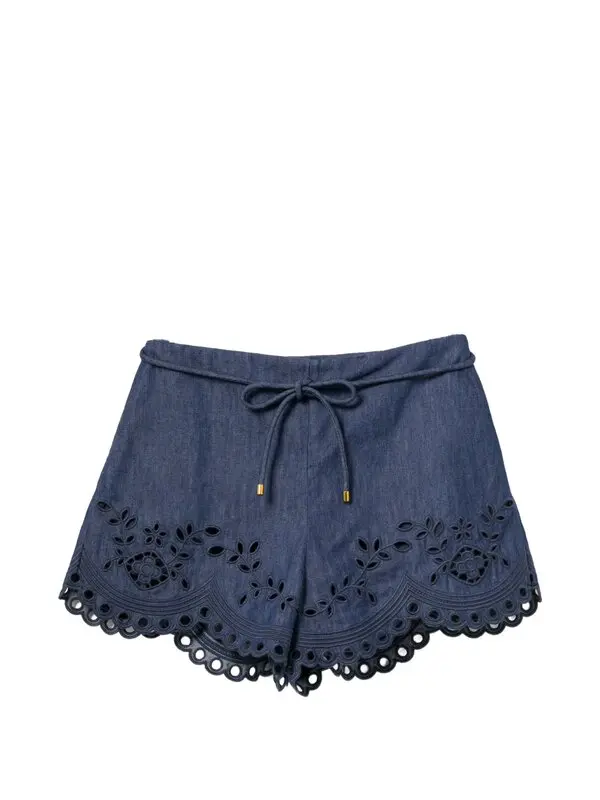Zimmermann High-waisted Embroidered Cotton Shorts With Self-tie Belt - Blu