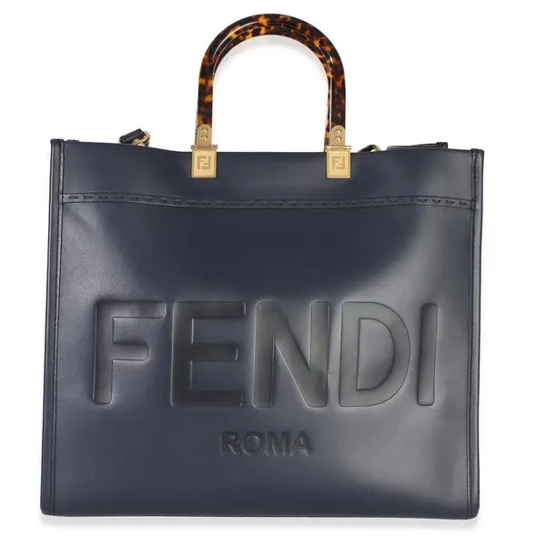 Fendi Navy Vitello King Embossed Sunshine Shopper Tote - Blue