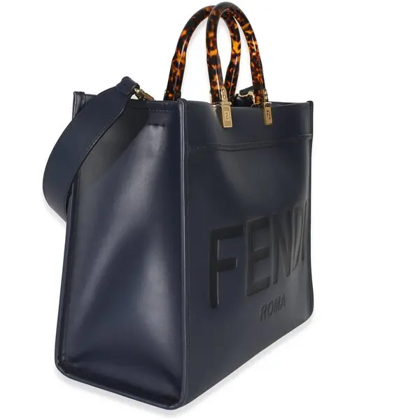 Fendi Navy Vitello King Embossed Sunshine Shopper Tote - Blue