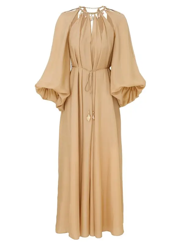 Zimmermann Silk Maxi Dress With Billow Sleeves And Embellished Neckline - Beige