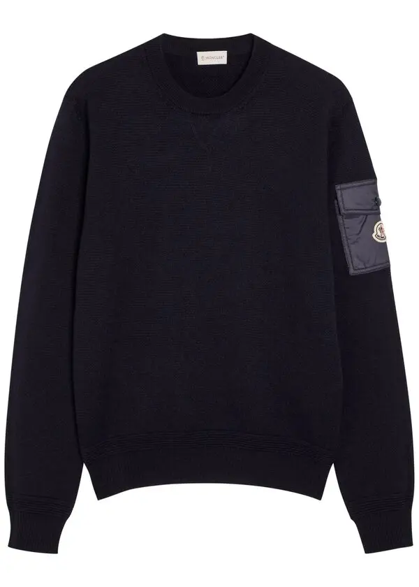 Moncler Crew Neck Wool Jumper With Contrasting Sleeve Pocket