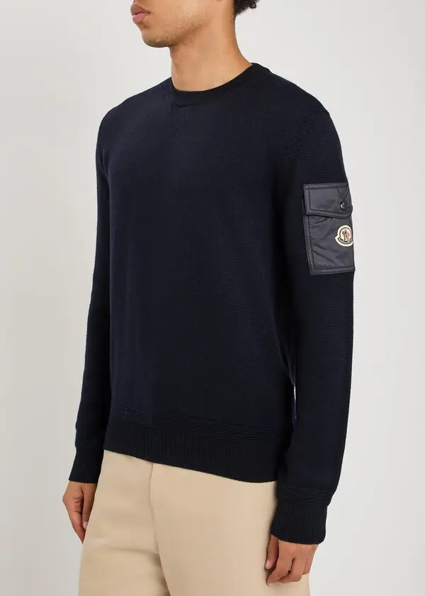 Moncler Crew Neck Wool Jumper With Contrasting Sleeve Pocket