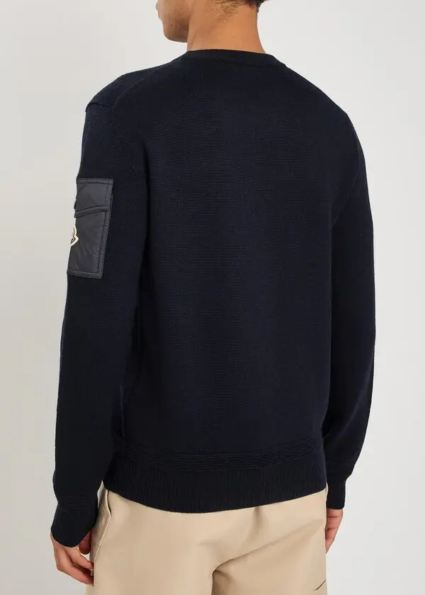 Moncler Crew Neck Wool Jumper With Contrasting Sleeve Pocket