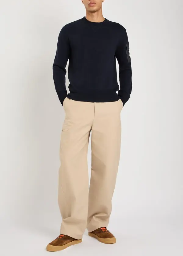Moncler Crew Neck Wool Jumper With Contrasting Sleeve Pocket