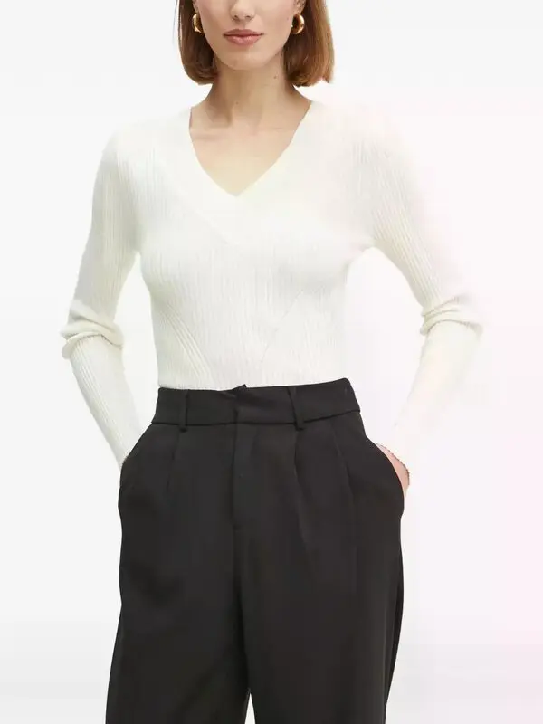Guess Ribbed Knit V-neck Long Sleeve Sweater With Logo Plaque
