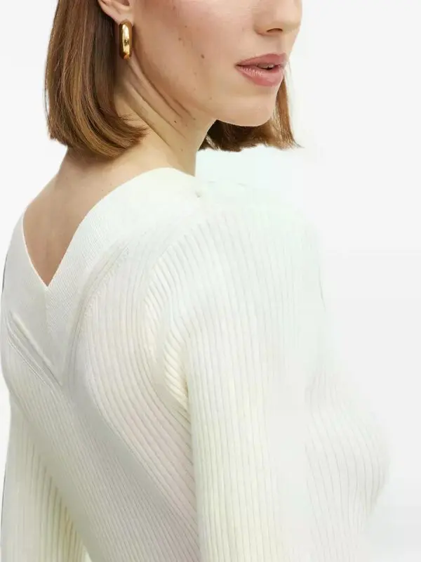 Guess Ribbed Knit V-neck Long Sleeve Sweater With Logo Plaque