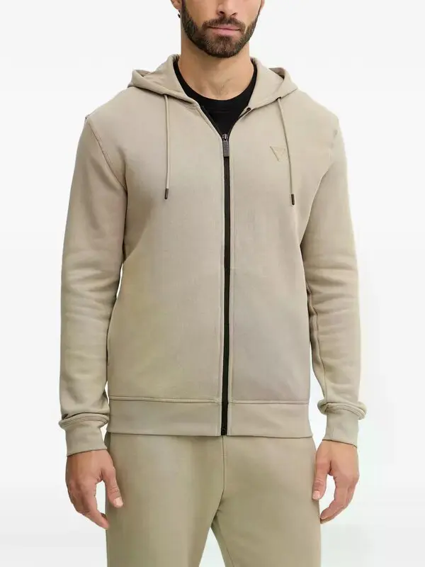 Guess Zip-up Hoodie With Logo Patch - Neutrals