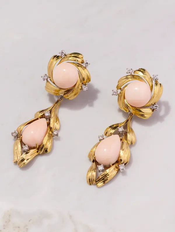Estate Vintage Angel Skin And Diamond Convertible Earrings - Coral