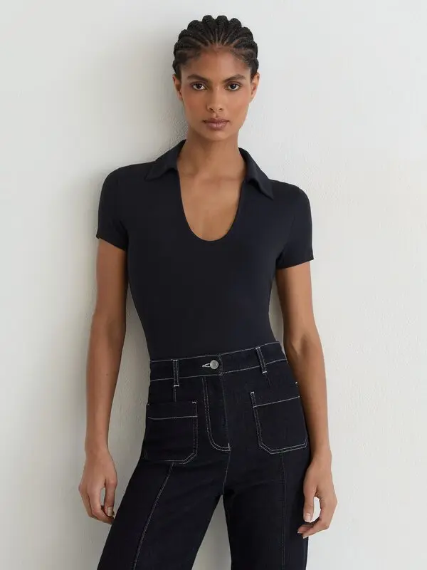 REISS Daria Open-collar Short-sleeve Polo Top - Navy
