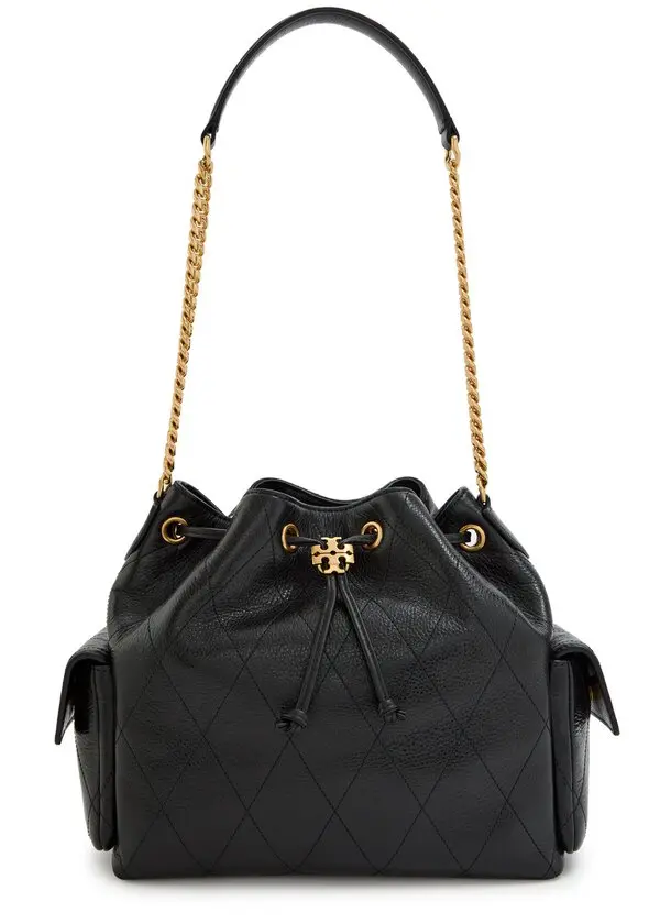 Tory Burch Charlie Drawstring Grained Leather Shoulder Bag - Black