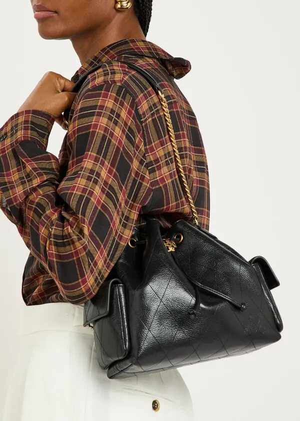 Tory Burch Charlie Drawstring Grained Leather Shoulder Bag