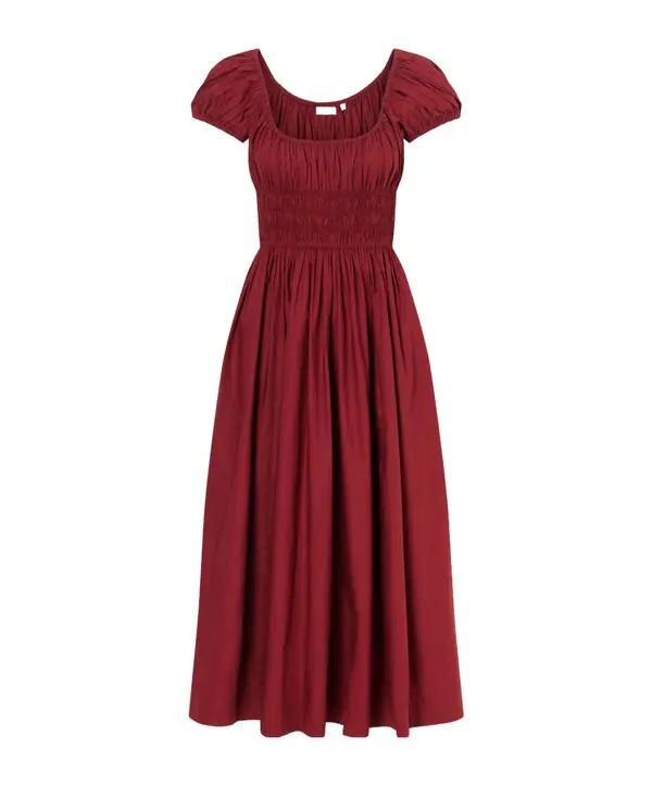 DÔEN Quinley Shirred Organic Cotton-voile Midi Dress - Red