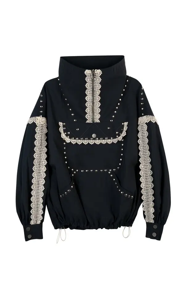 SIEDRES Briza Cotton Hooded Lace-trim Jacket - Navy