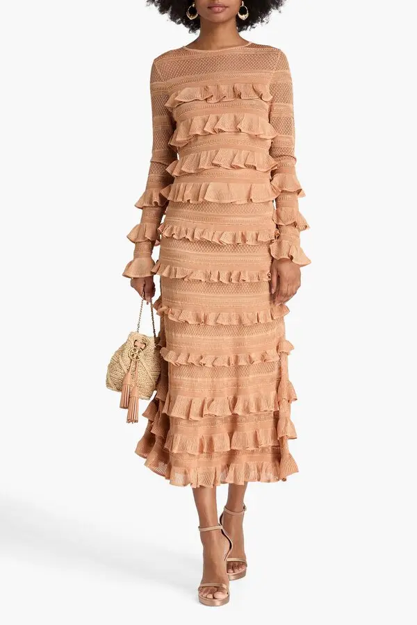 Zimmermann Ruffled Crochetknit Midi Skirt