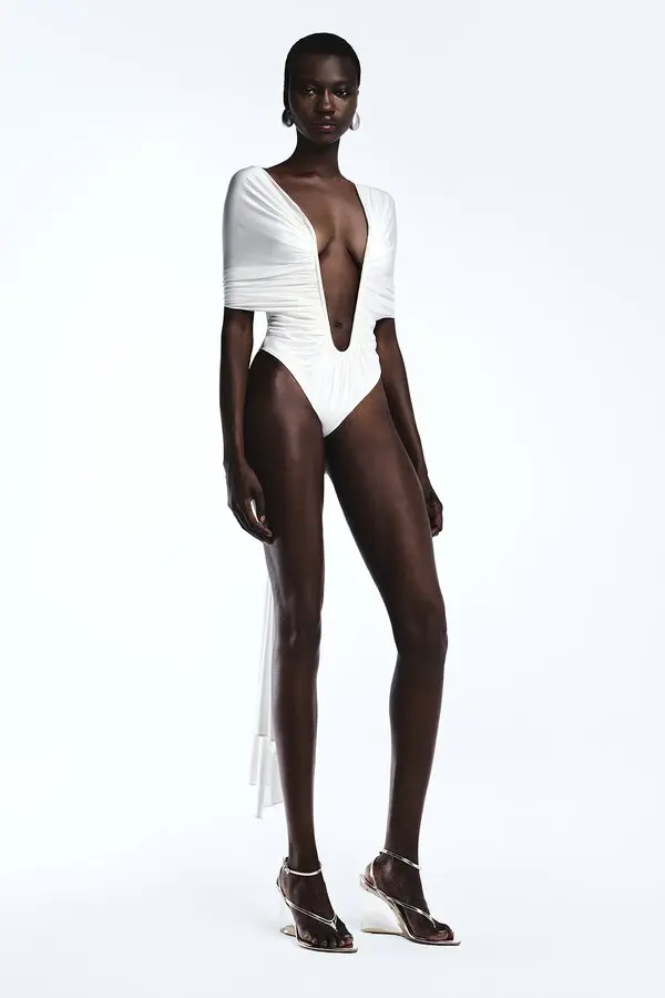REVOLVE LOS ANGELES Draped Sleeve Bodysuit With Plunge Neckline - Ivory