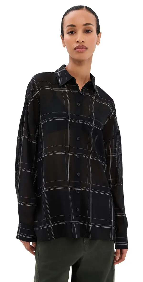 Tibi Sheer Wool Gauze Oversized Check Shirt