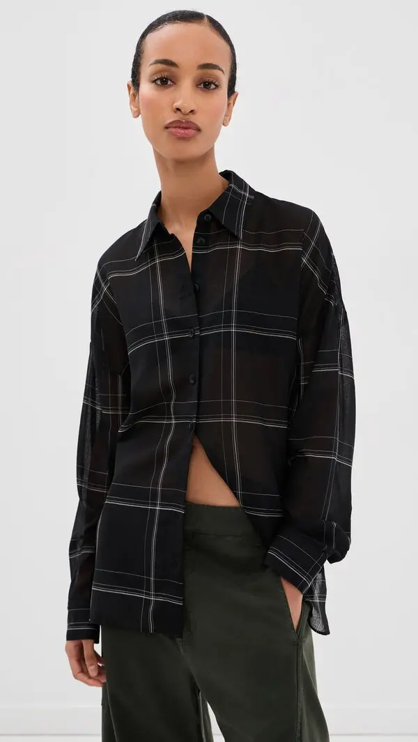 Tibi Sheer Wool Gauze Oversized Check Shirt