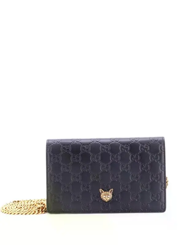 Gucci Crystal Cat Wallet On Chain Guccissima Leather Crossbody Bag - Black