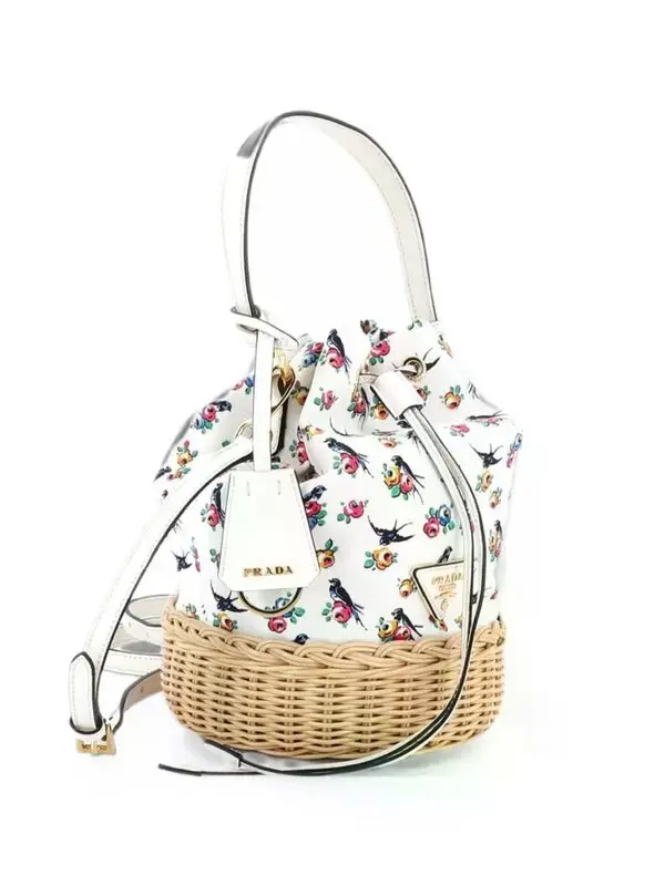 Prada Drawstring Printed Canvas And Wicker Small Bucket Bag