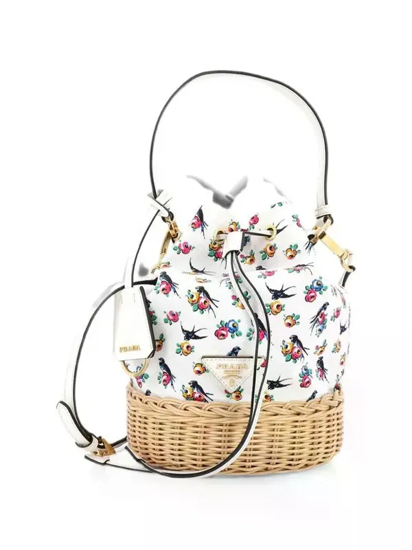 Prada Drawstring Printed Canvas And Wicker Small Bucket Bag