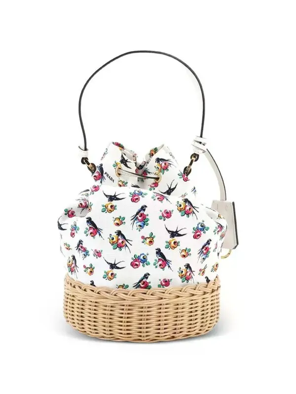 Prada Drawstring Printed Canvas And Wicker Small Bucket Bag
