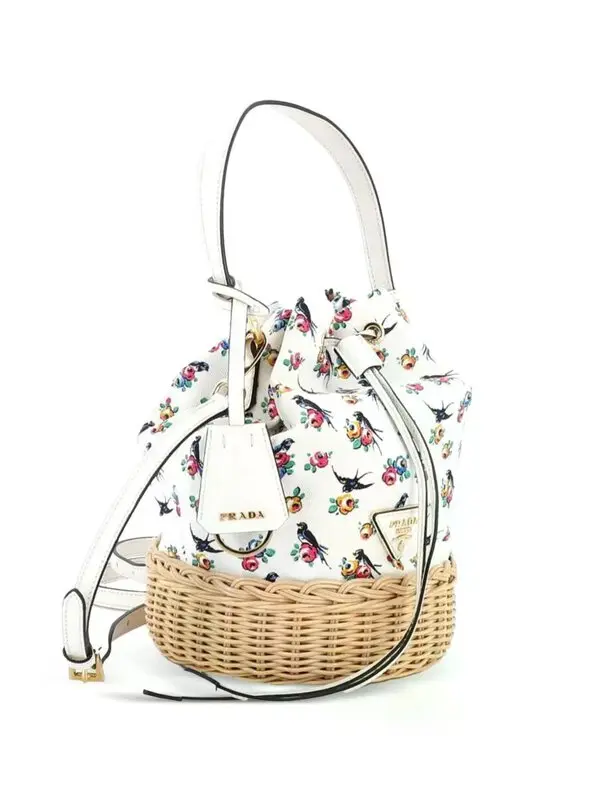 Prada Drawstring Printed Canvas And Wicker Small Bucket Bag