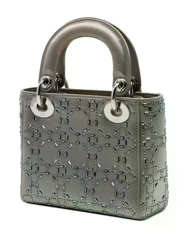 Dior Mini Lady Satchel In Satin With Crystal Embellishments - Grey