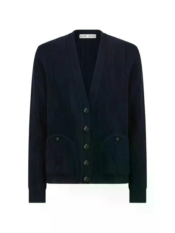 BLAZÉ MILANO Ribbed-knit Smiley-pocket Cardigan - Blue