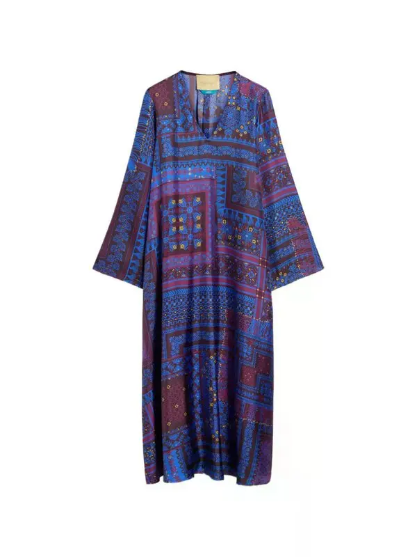 Momoni Printed Silk Midi Dress With V-neck And Flared Sleeves - Blue