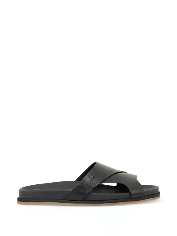 Santoni Crossover Leather Flat Sandals - Black